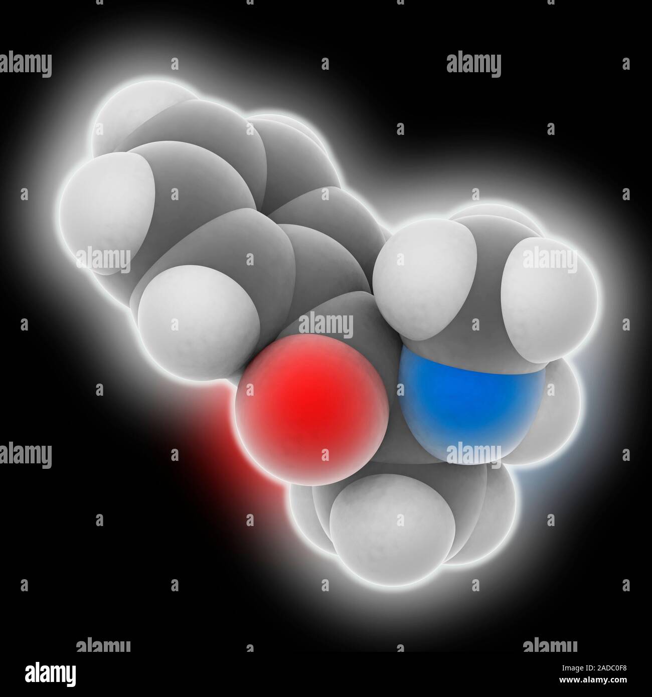 Methcathinone. Molecular model of the drug methcathinone (C10.H13.N.O ...