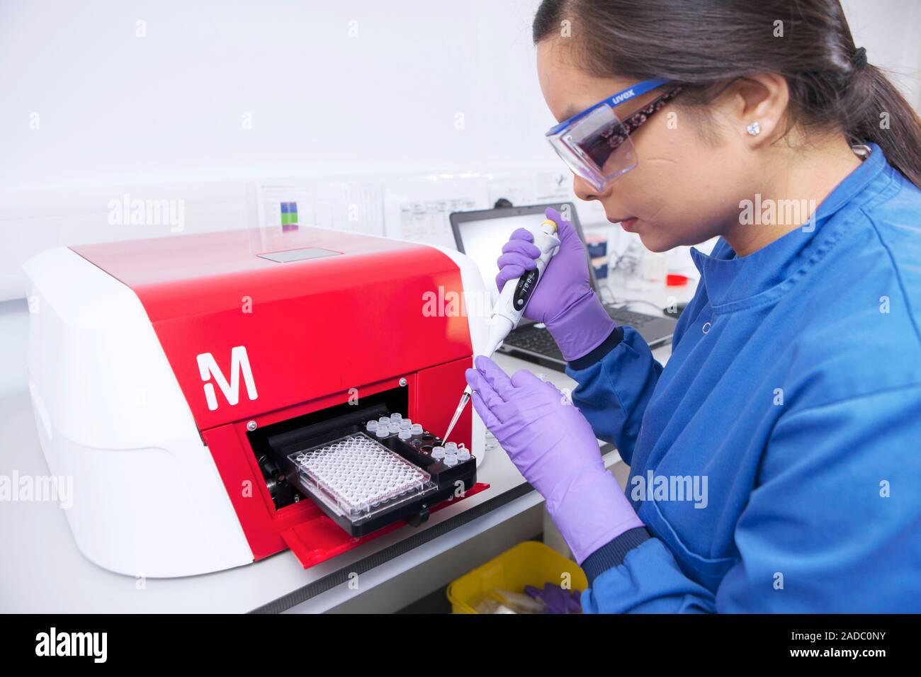 Flow cytometer analysis. Researcher loading cell culture samples into a ...