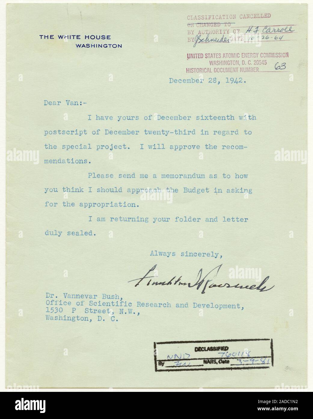 Letter written by US President Franklin D. Roosevelt (1882-1945) to the ...