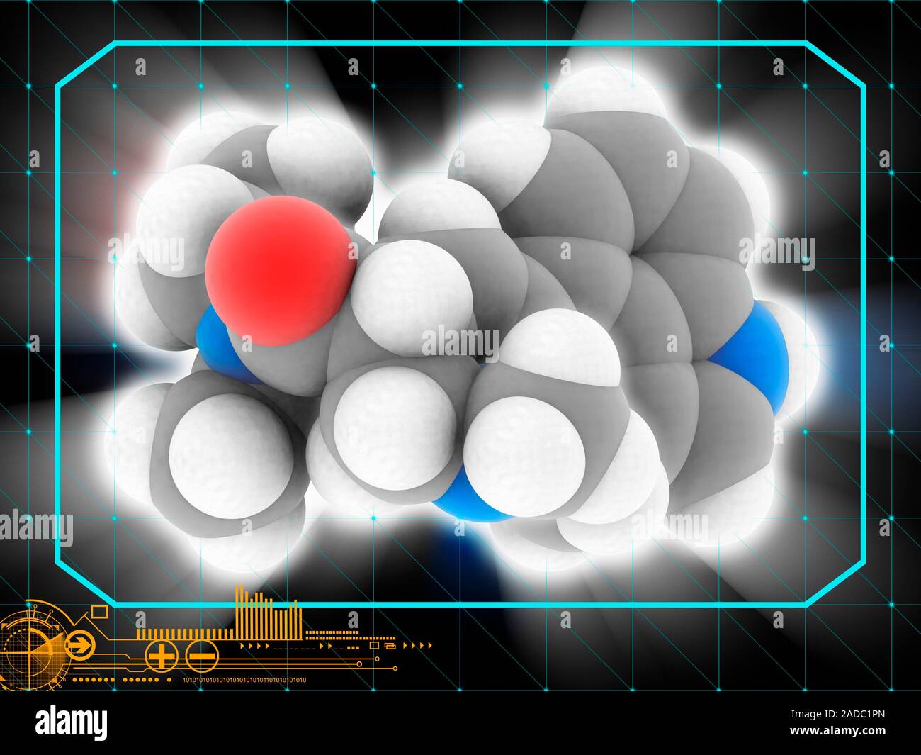 LSD drug. Molecular model of lysergic acid diethylamide (C20.H25.N3.O ...