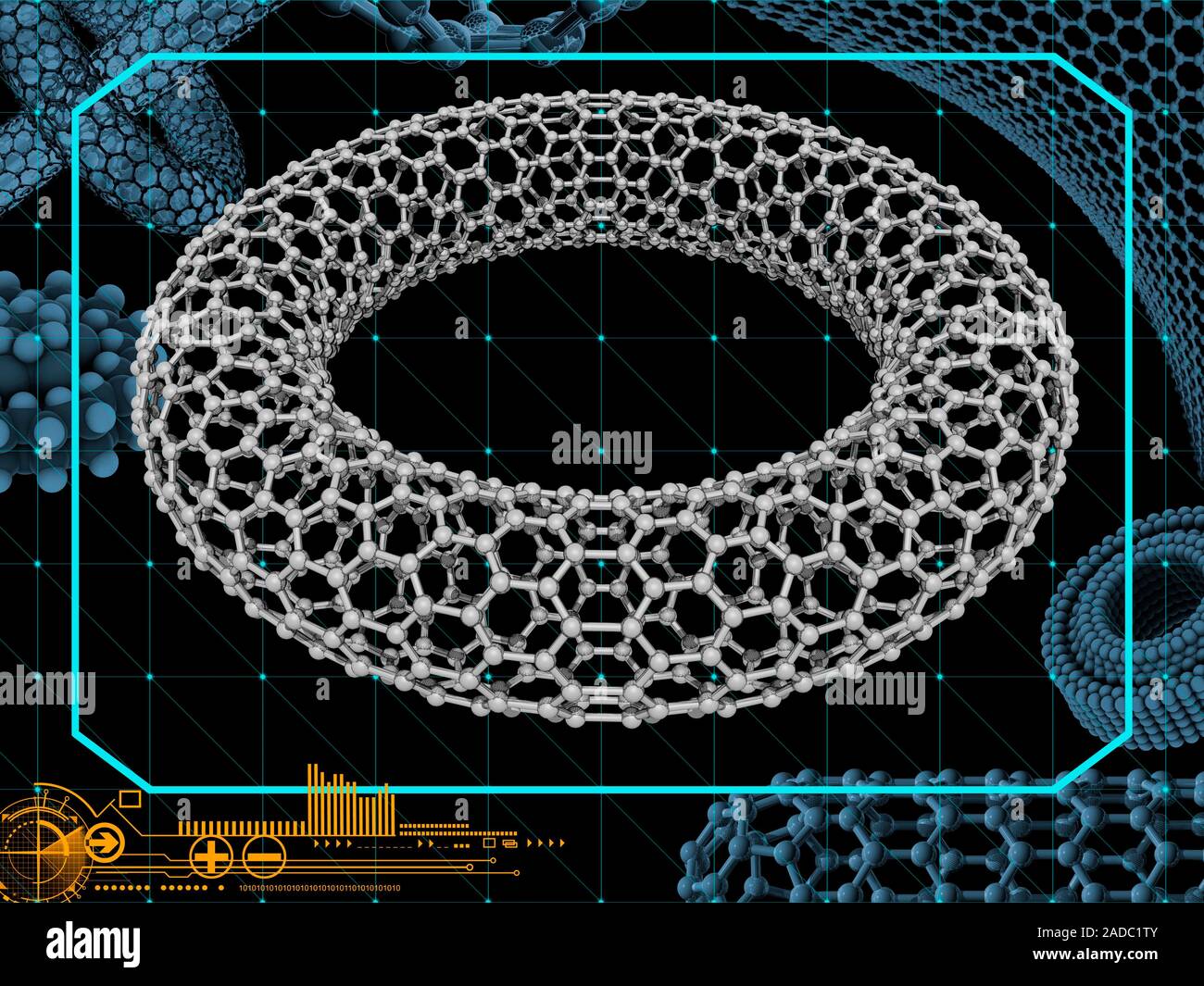 Computer illustration of a nanoring, a cylindrical fullerene (carbon ...