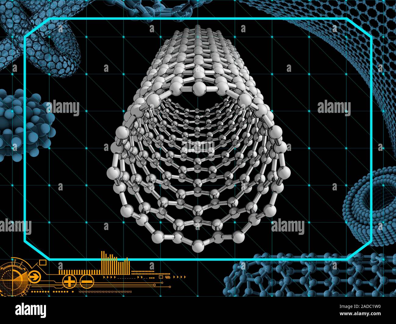 Computer illustration of a cylindrical fullerene molecule (carbon nanotube). The hexagonal ...