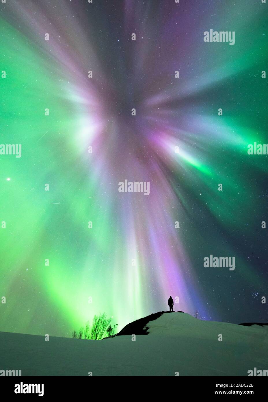 Watching the aurora borealis. Silhouetted human figure on the skyline ...