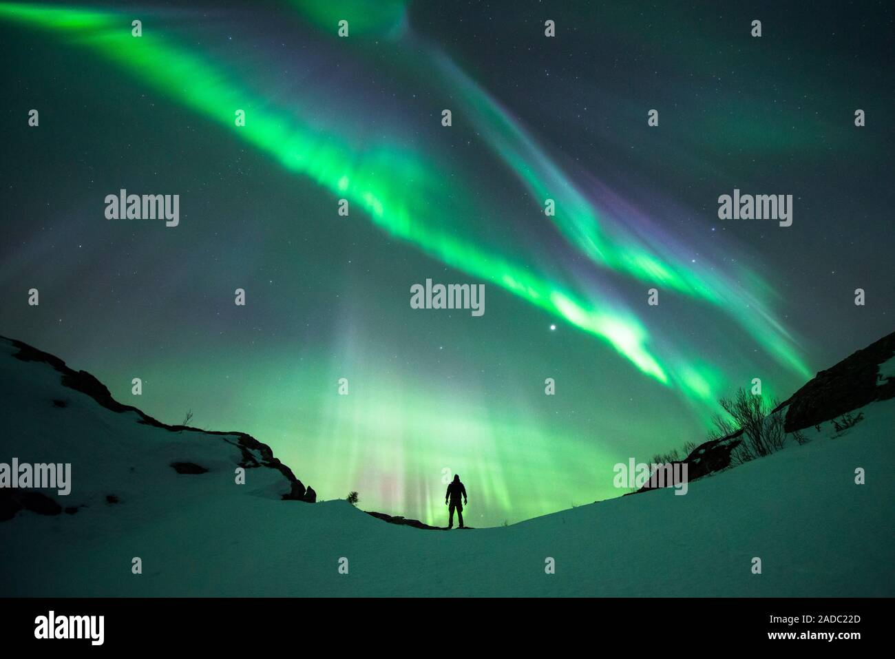 Watching the aurora borealis. Silhouetted human figure on the skyline ...