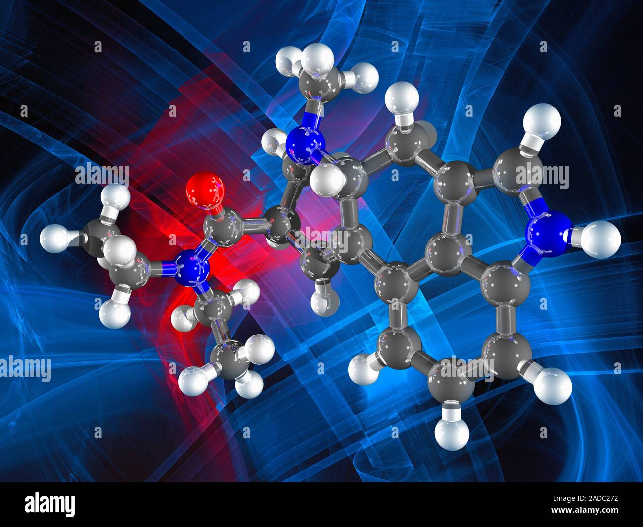 LSD drug. Molecular model of lysergic acid diethylamide (C20.H25.N3.O ...