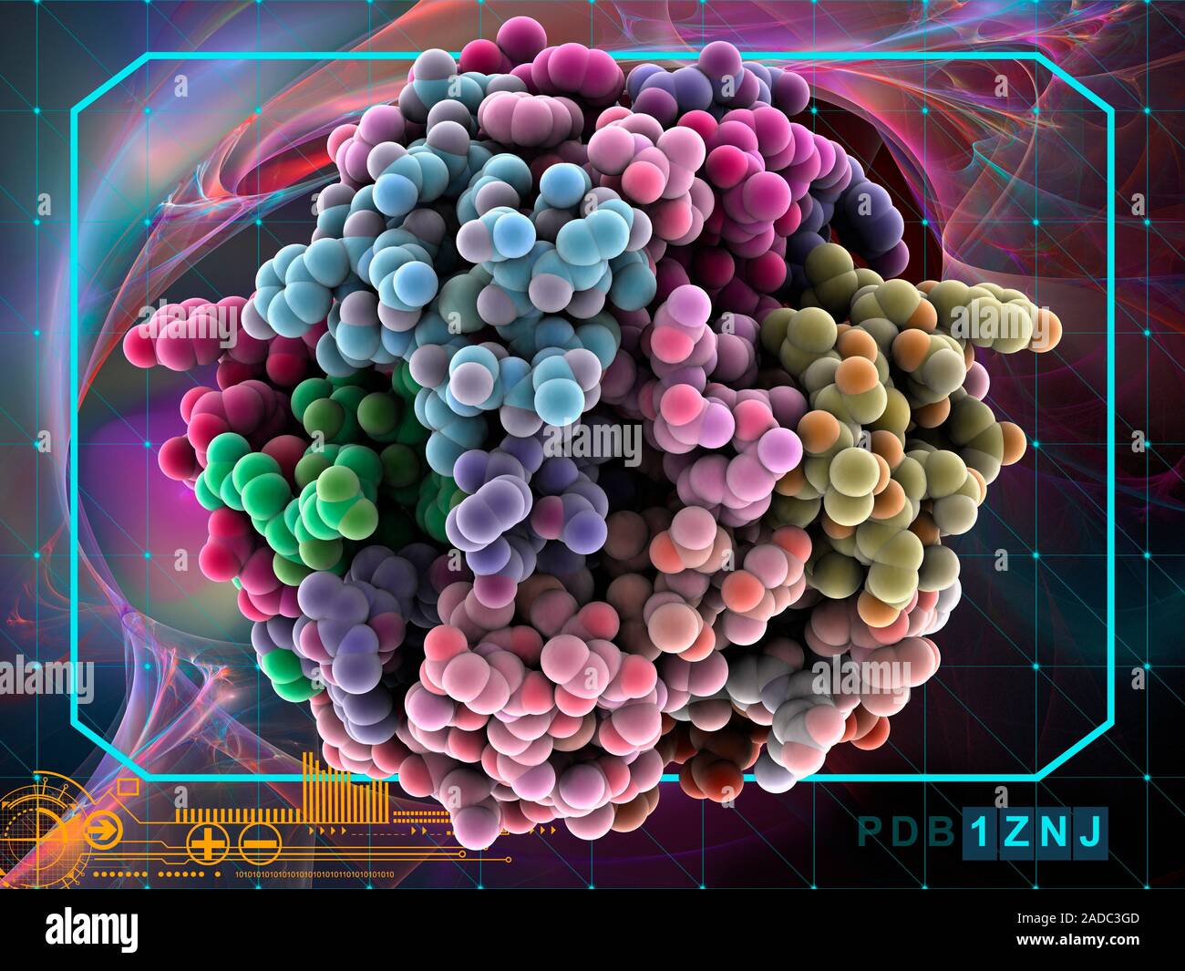 Human insulin molecule. Computer model showing the structure of a molecule of the hormone ...