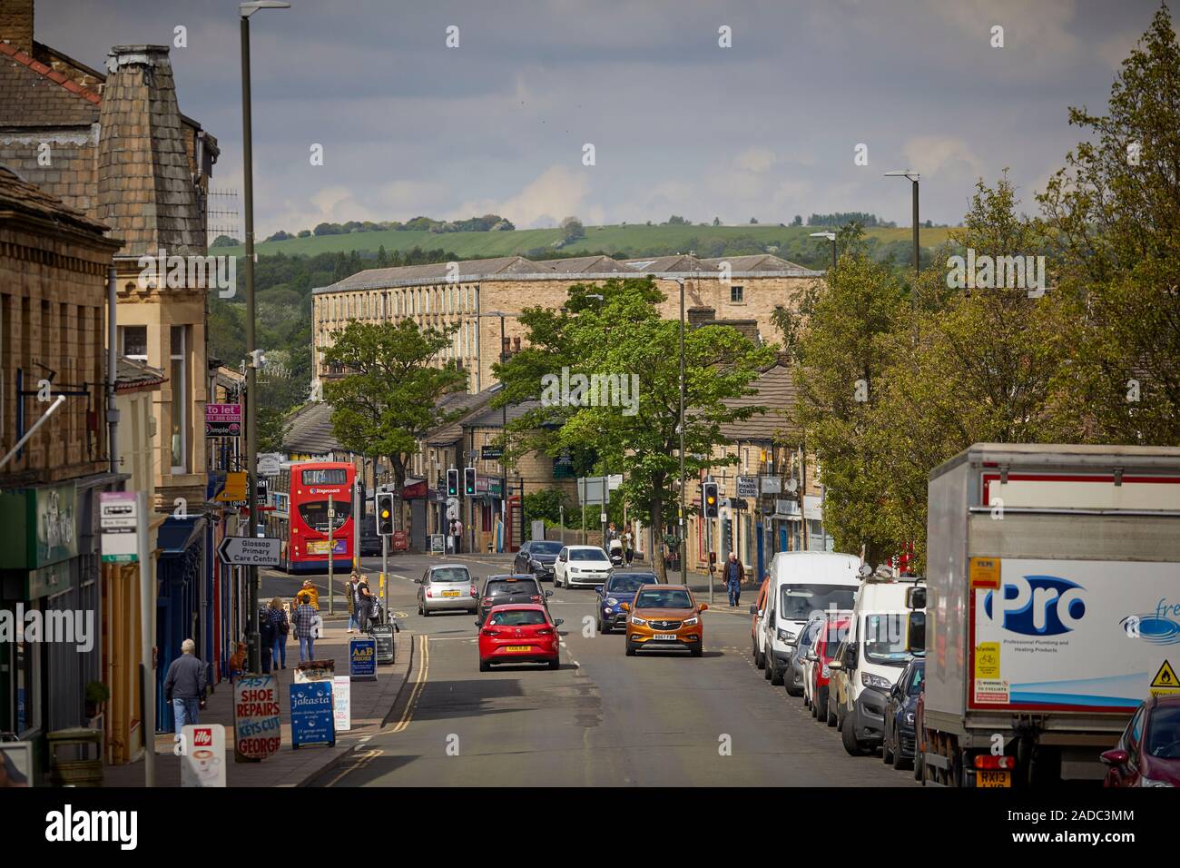 Glossop market town, the High Peak, Derbyshire, England. The A57 High ...