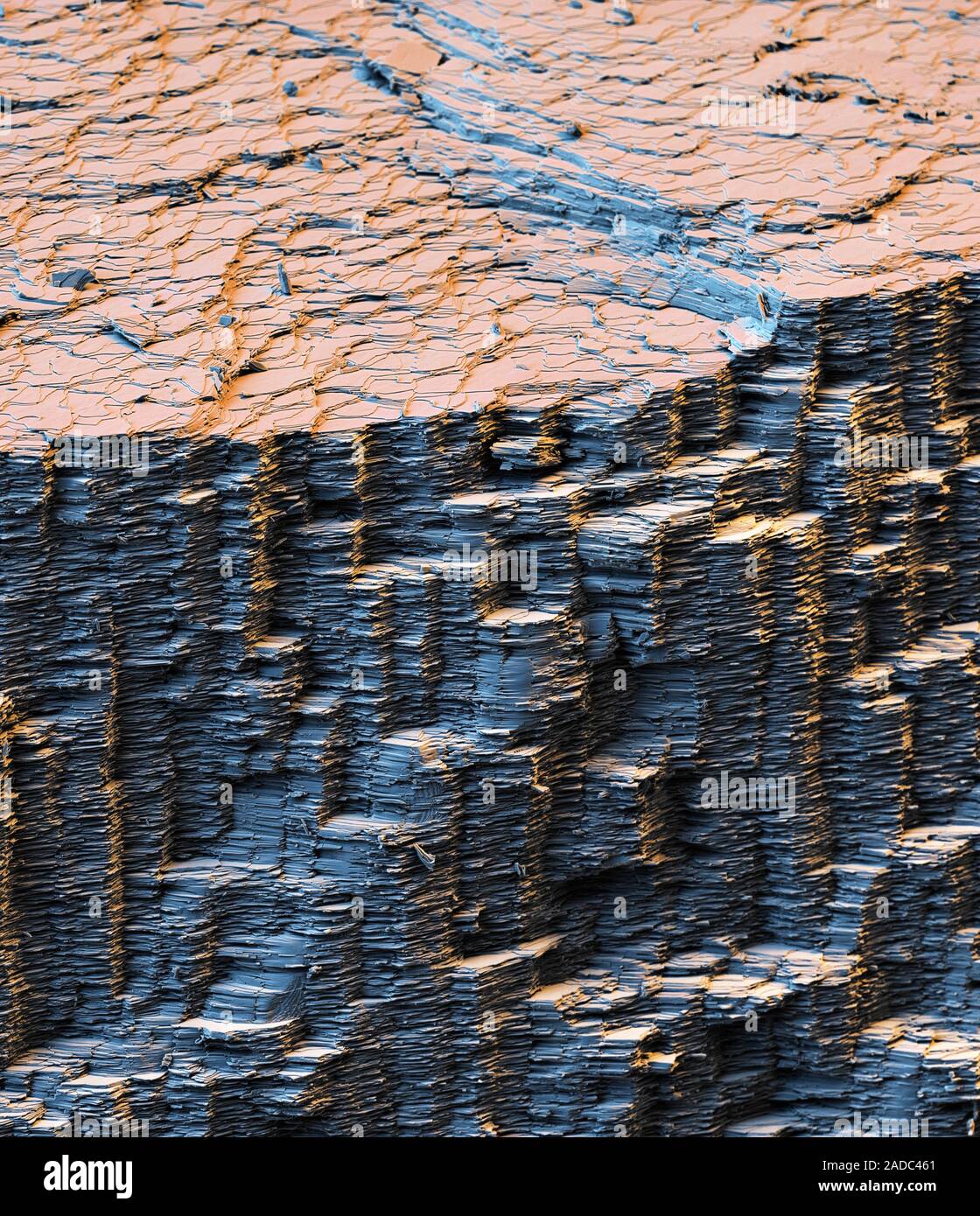 Nacre crystal layers. Coloured scanning electron micrograph (SEM) of ...