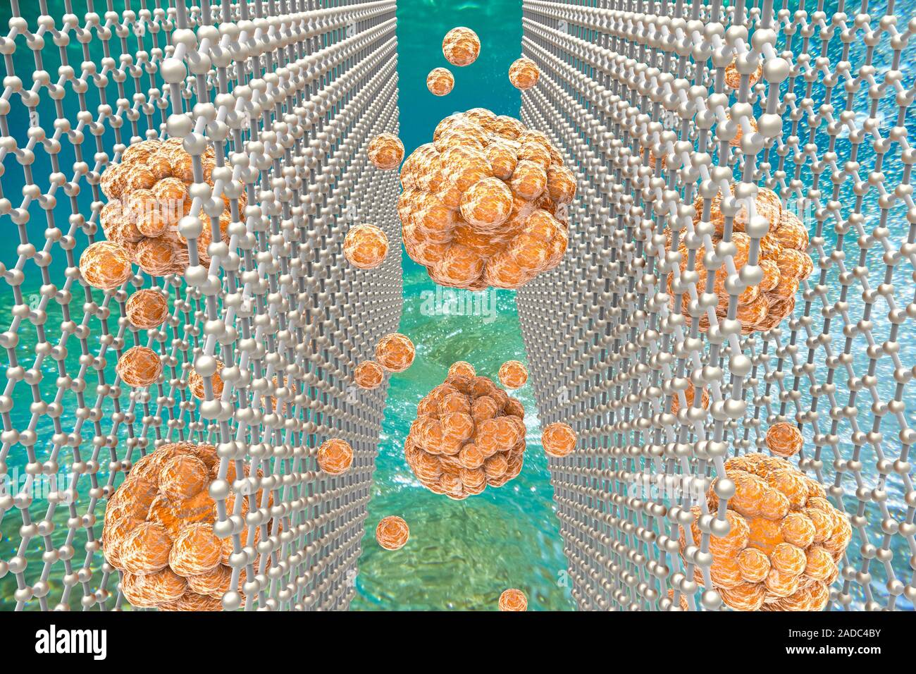 Computer artwork of a graphene-oxide based sieve, removing salt from ...