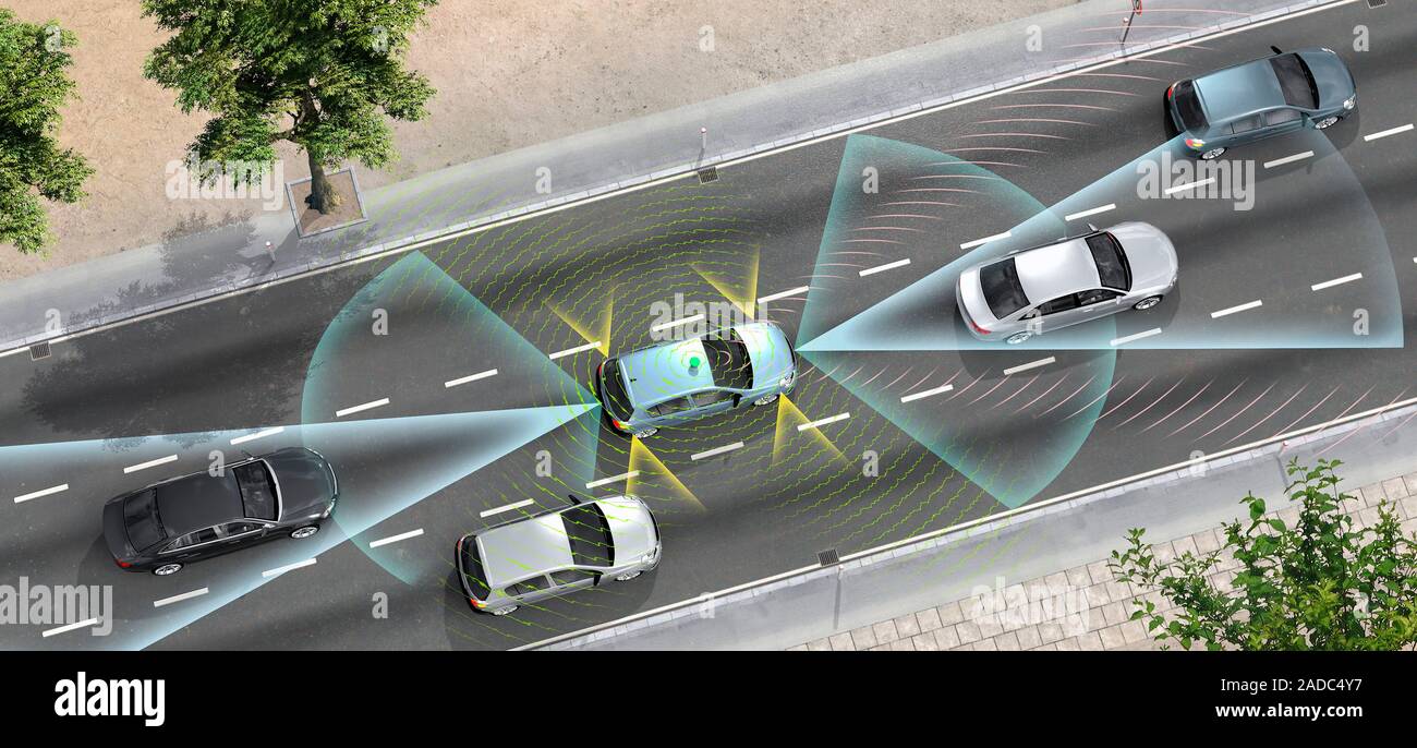 Driverless car technology, illustration. Driverless cars use sensors ...