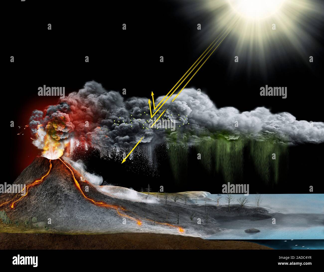 Volcanic winter. Illustration of the cooling effect on the climate of a ...