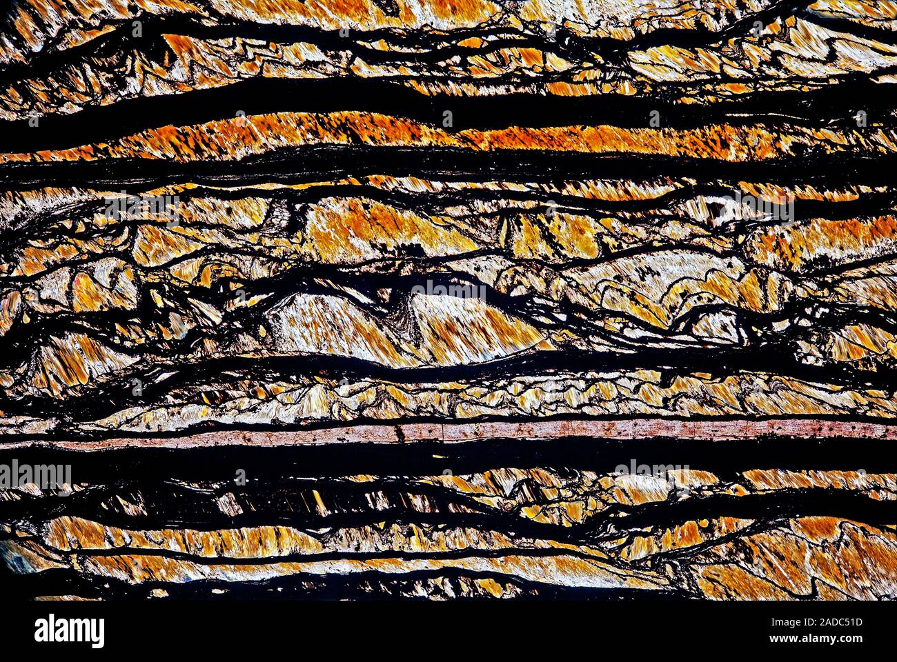 Thin section micrograph of tiger-eye, a fibrous (SiO2) mineral ...