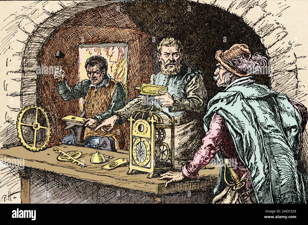 This woodcut of a 16th c. German clockmaker's workshop reflects the ...