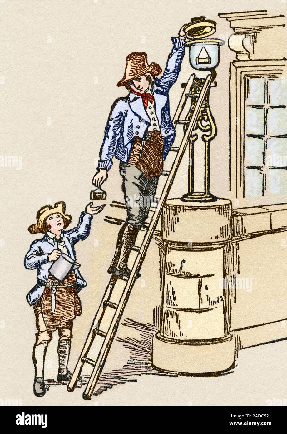 Lamplighter servicing an oil streetlamp. From the ladder he is handing ...