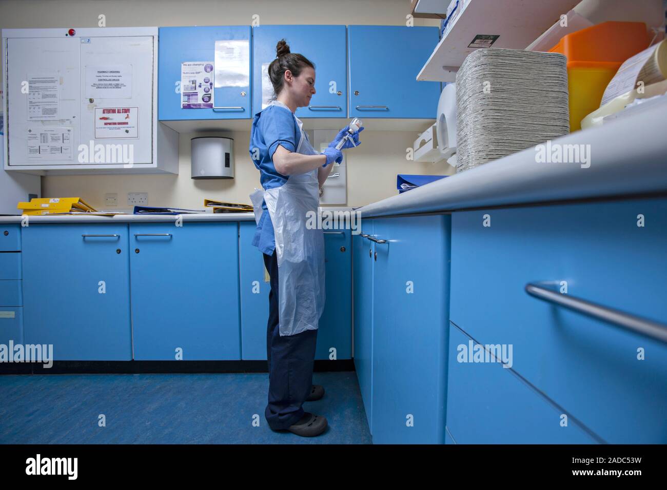 Preparing hospital drugs. Hospital nurse preparing intravenous drugs ...