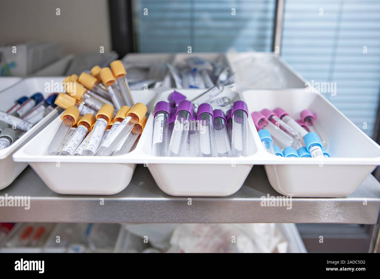 GP blood sampling equipment. Trolley of various blood sampling ...