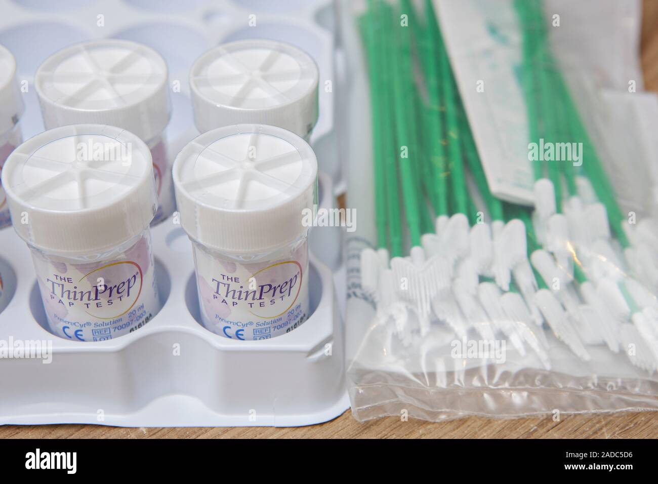 Pap smear test kits. Packaged kits for pap smear tests in a general ...