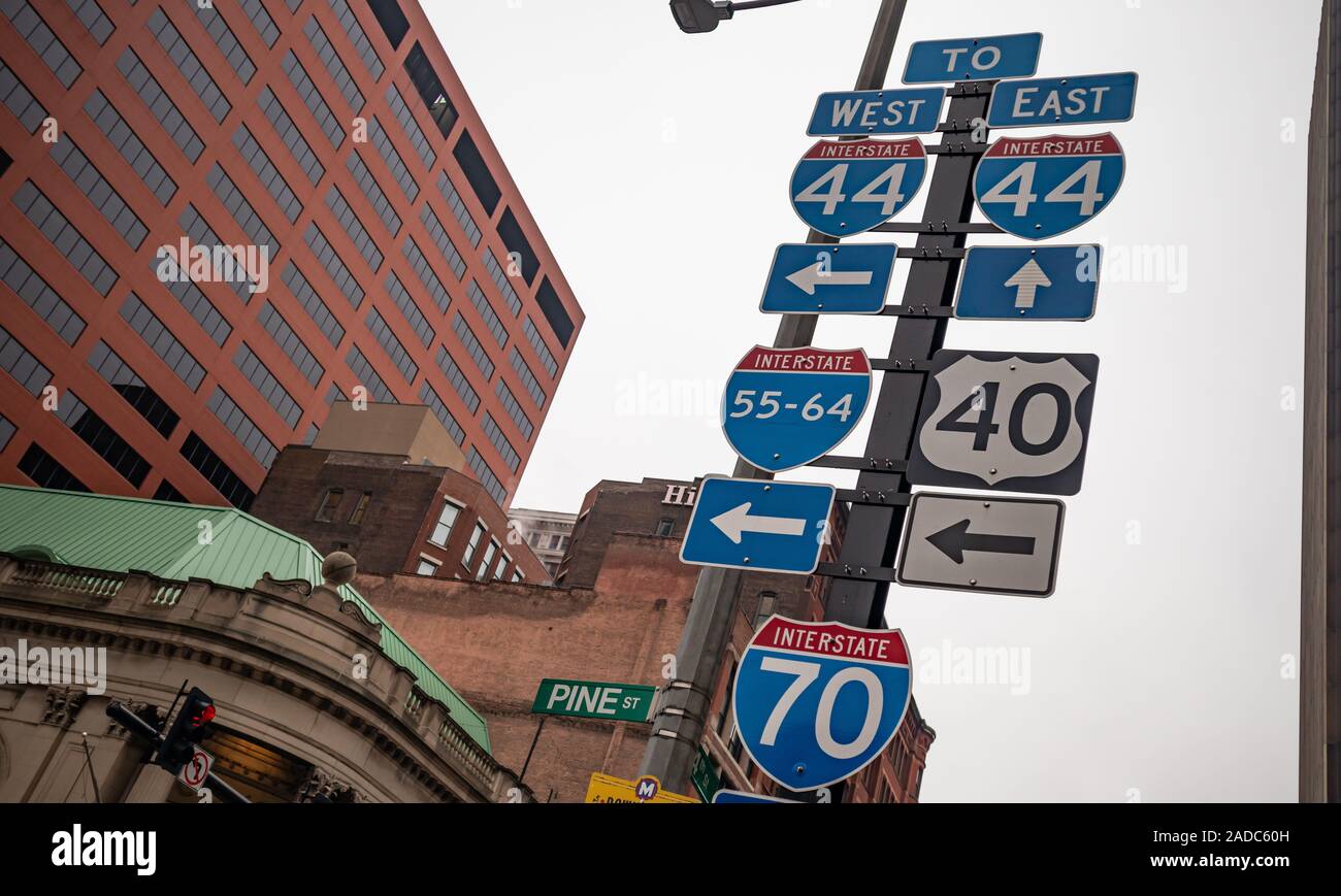 St Louis, USA. May 12, 2019. Traffic signs inform about the interstate ...