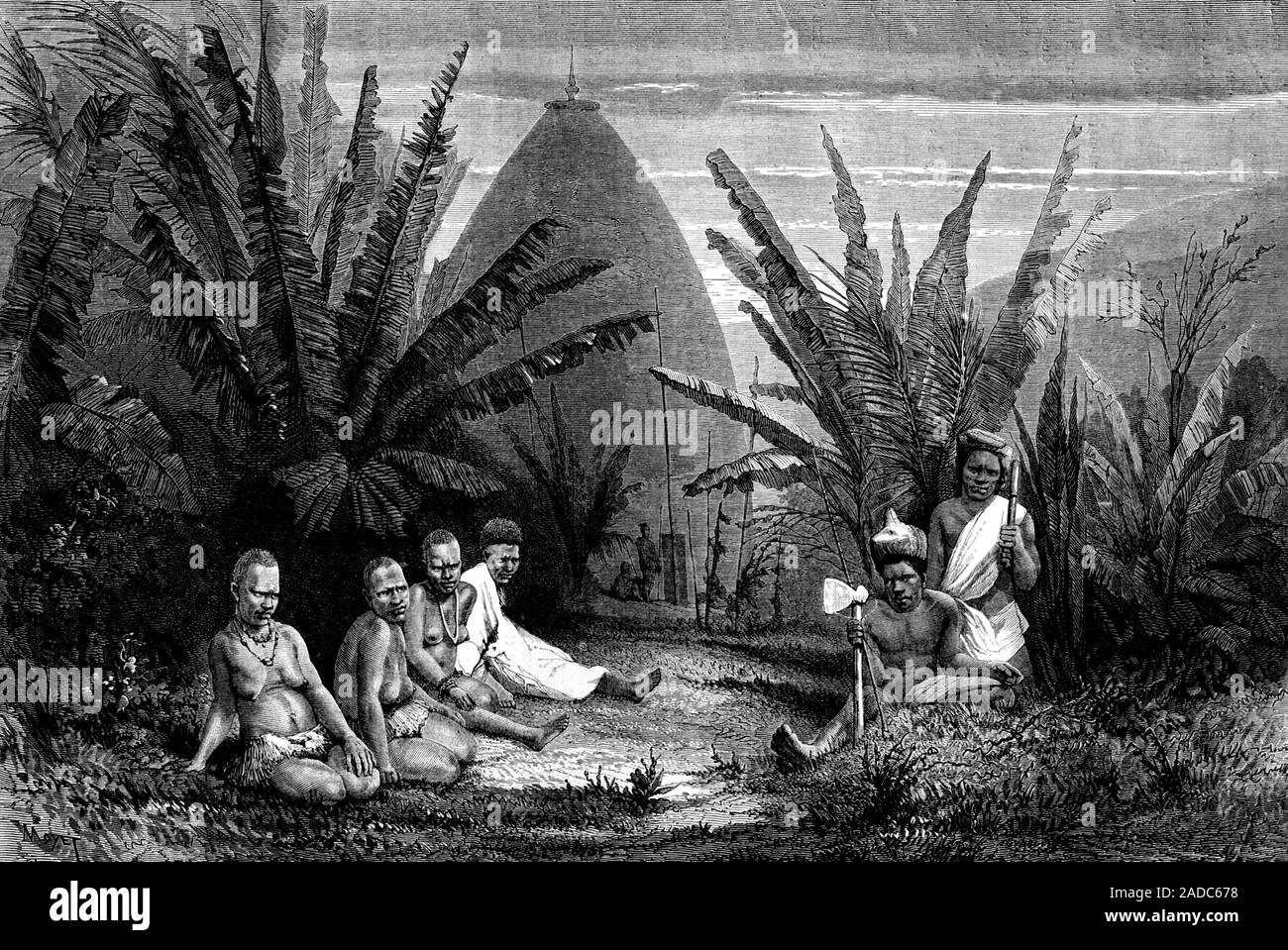 19th Century New Caledonian tribe. 1872 illustration of indigenous men ...