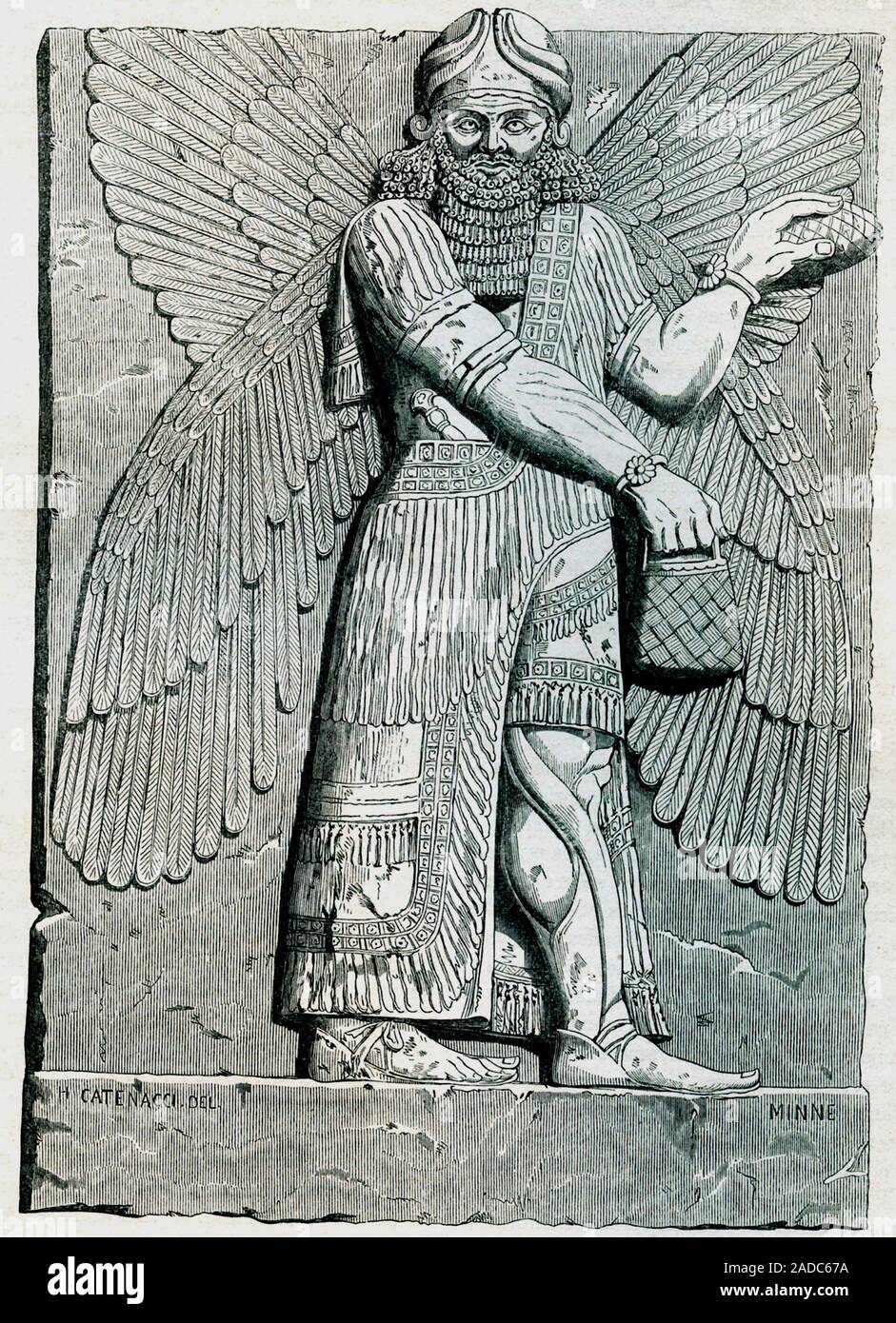 Sargon II of Assyria. 1874 illustration of an ancient bas relief from ...