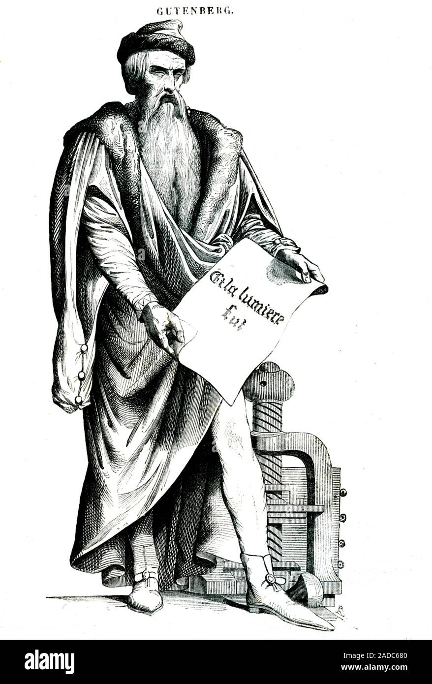 Johannes Gutenberg (1398-1468). 1890 illustration of a bronze statue by ...