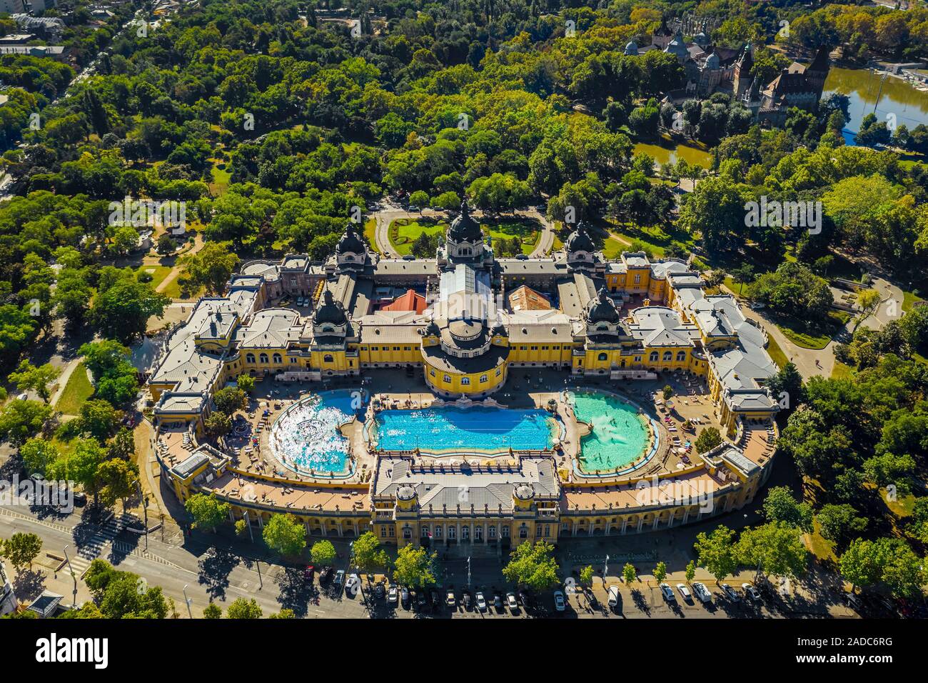Budapest, Hungary - Aerial drone view of the famous Szechenyi Thermal ...