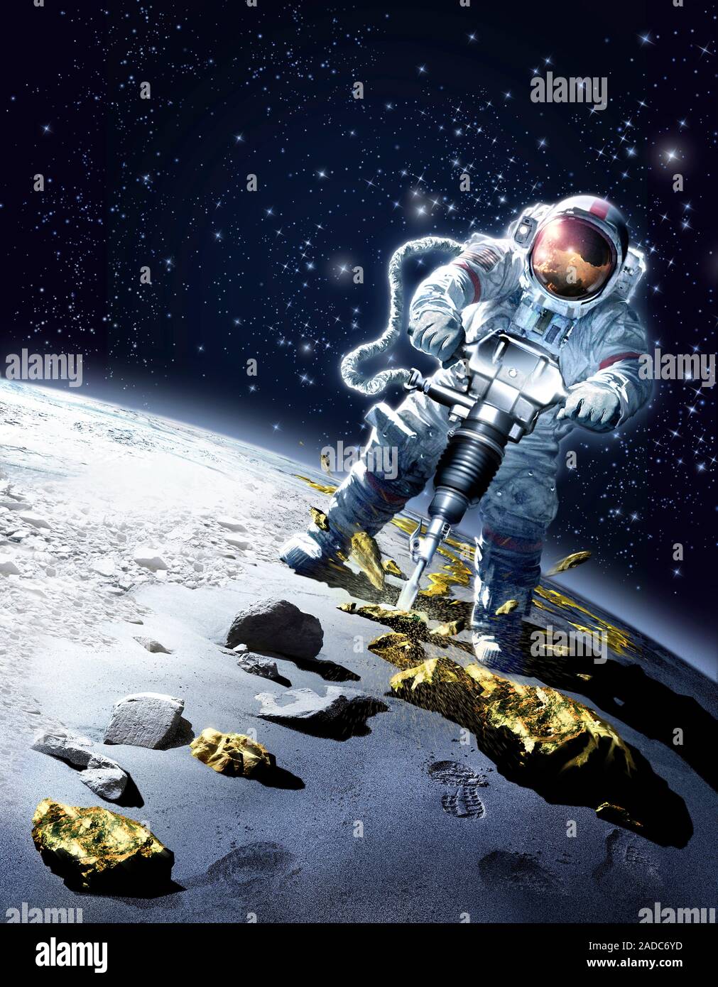 Mining in space. Conceptual image of an astronaut on a planet or moon ...
