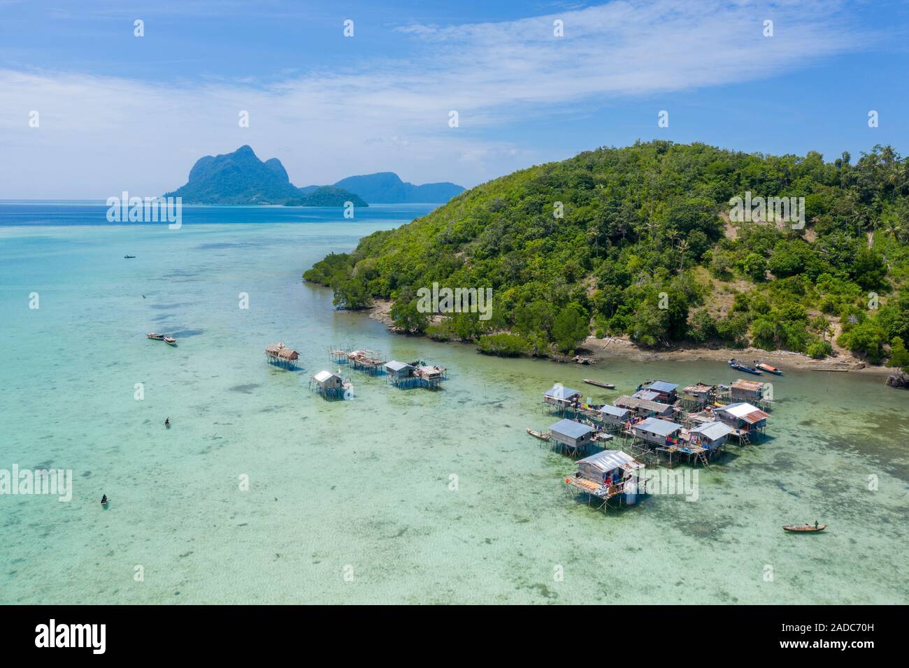 Aerial view of the island in semporna and sea gypsy water village ...