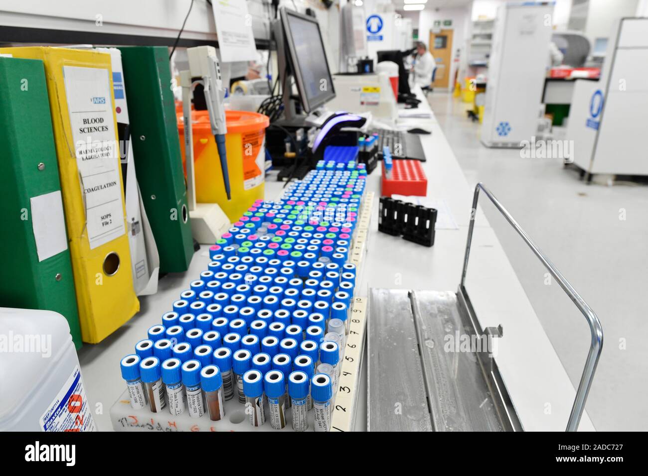 Blood samples in a laboratory. Vacutainer tubes with colour-coded caps ...