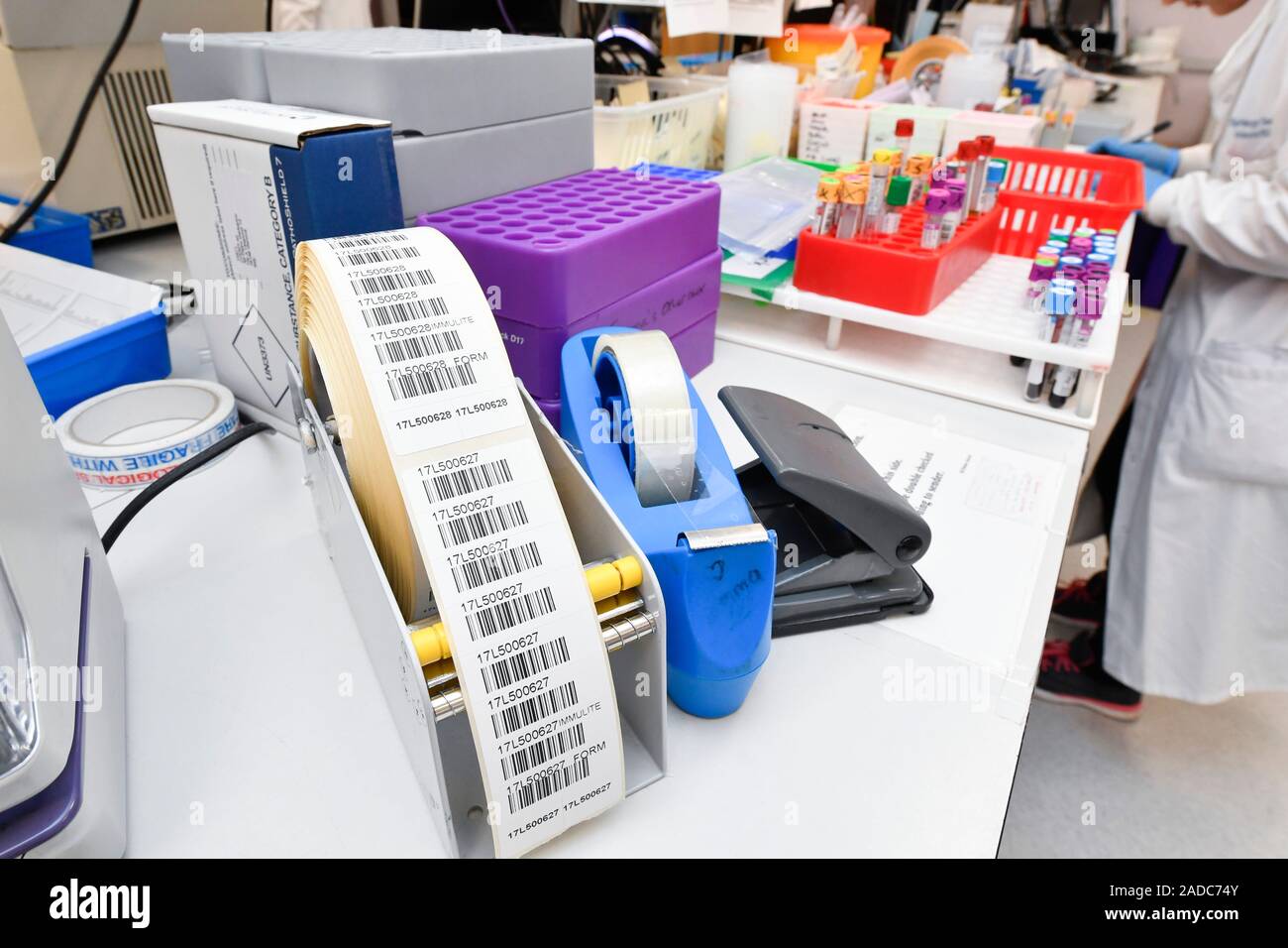 Pathology sample labelling. Barcoded labels being printed for use to ...