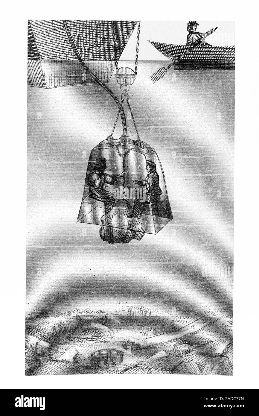 Diving bell. 19th-century illustration of a diving bell being raised ...