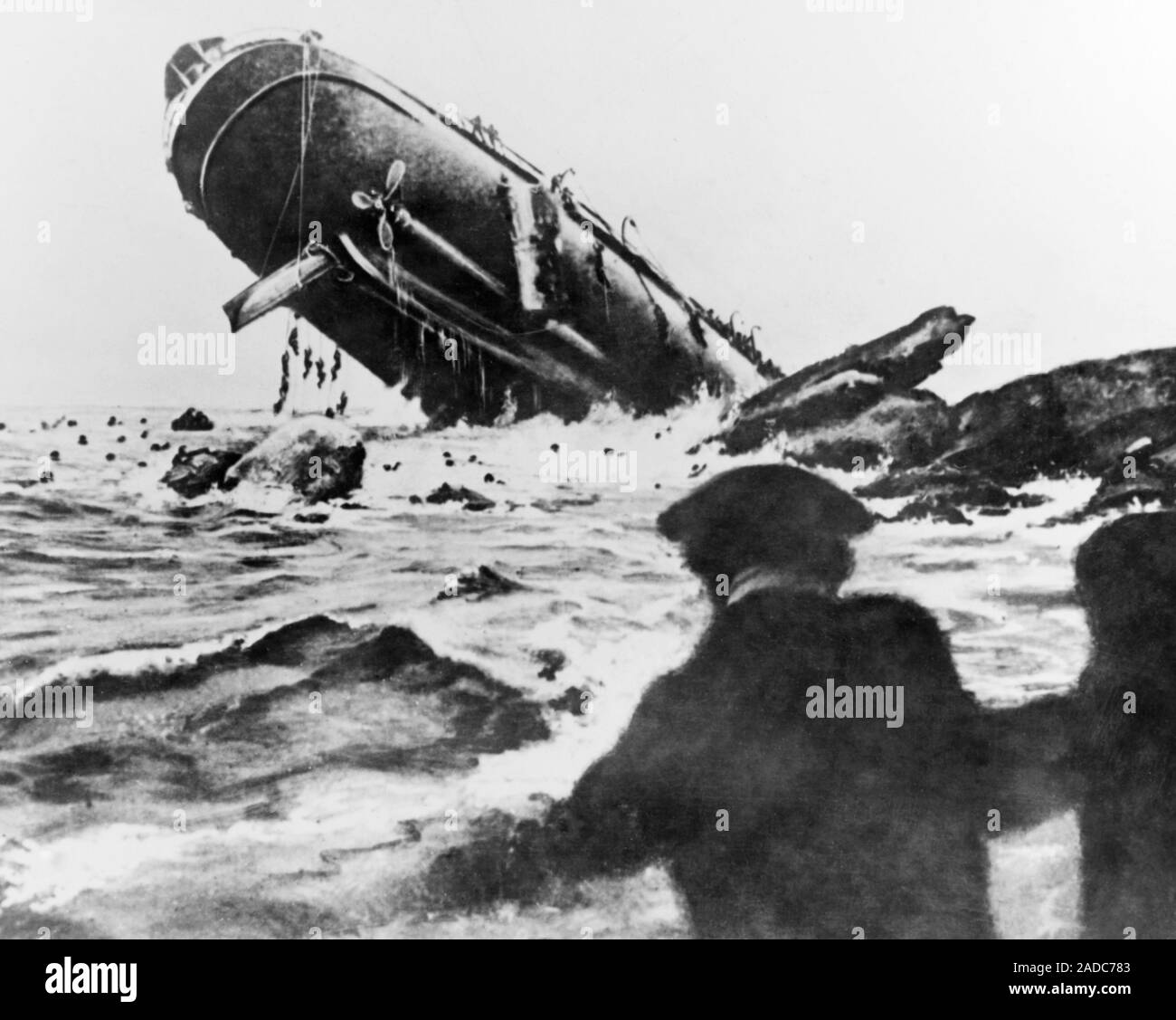 Torpedoed ship in World War I. British transport ship sinking at an unknown location after being ...