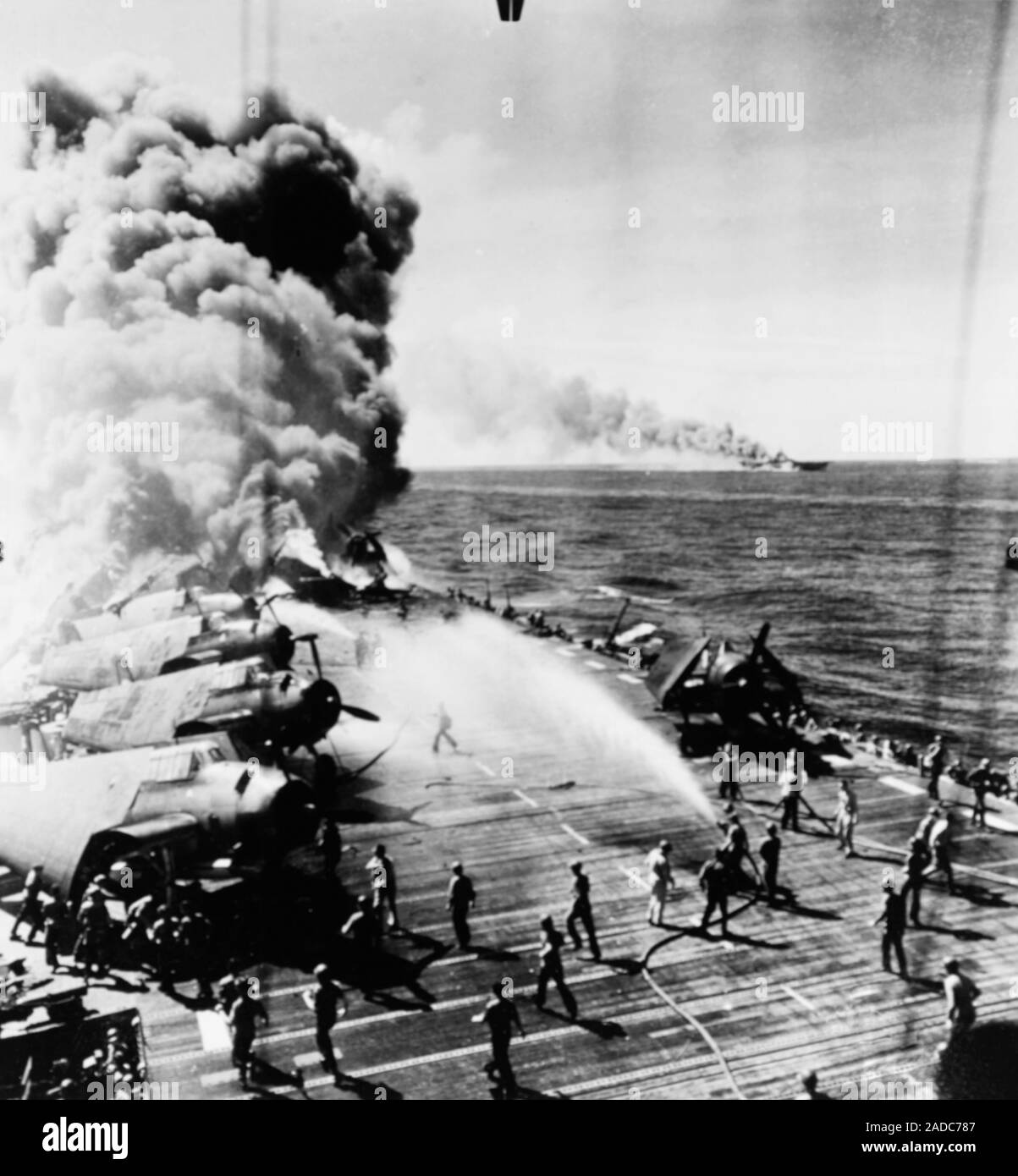 Ship firefighting in World War II. Fire burning on the aft section of ...