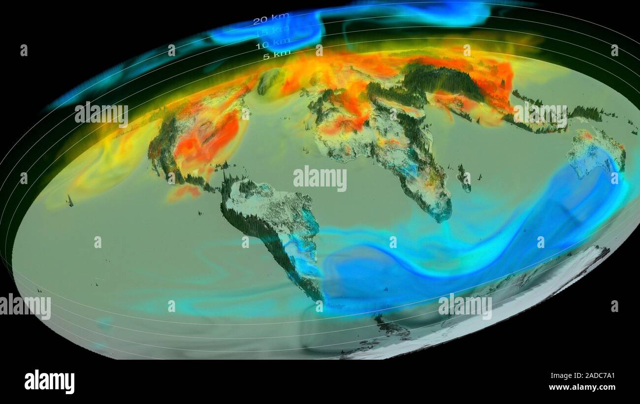 Global atmospheric carbon dioxide. 3D visualization showing the complex ...