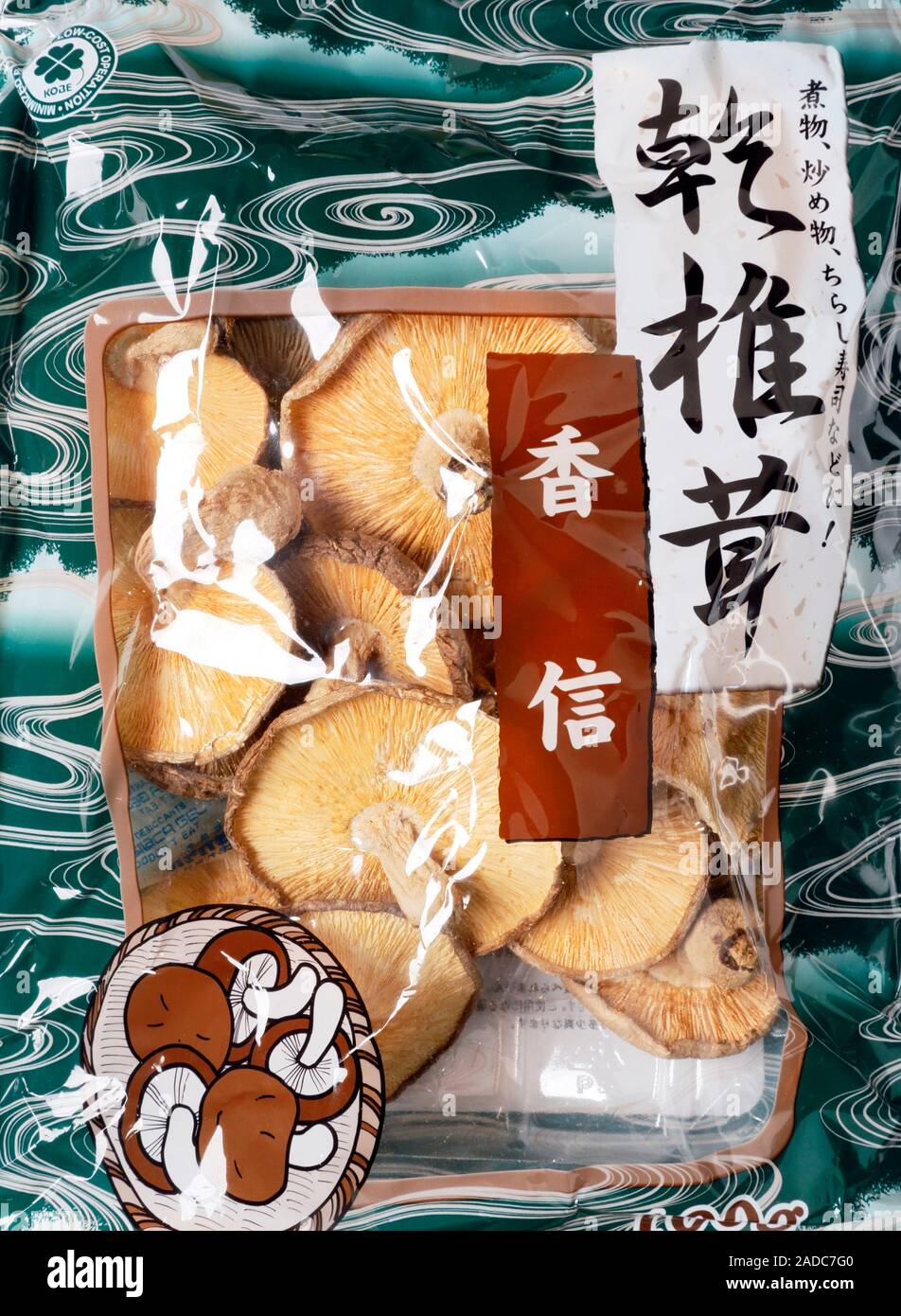 Dried shiitake mushrooms (Lentinula edodes) in a Japanese retail packet ...