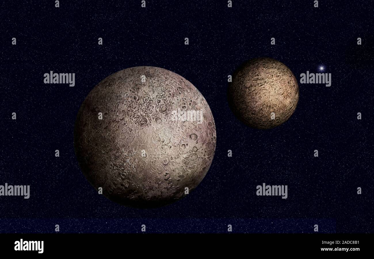 Illustration of Pluto and one of its moons, Charon. Pluto, a dwarf planet, was discovered in ...