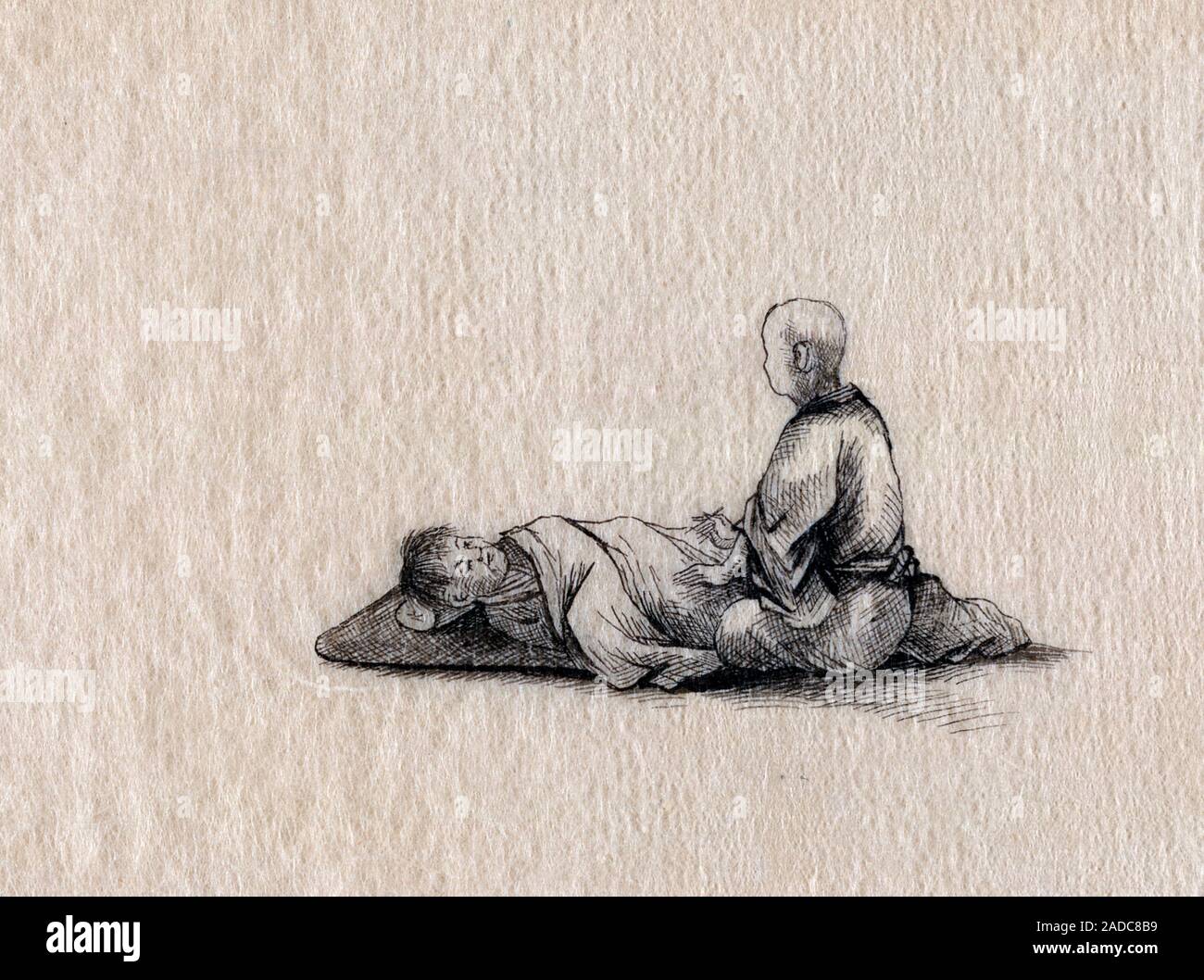 Illustration of an acupuncturist with a patient. Inscribed in pencil on ...