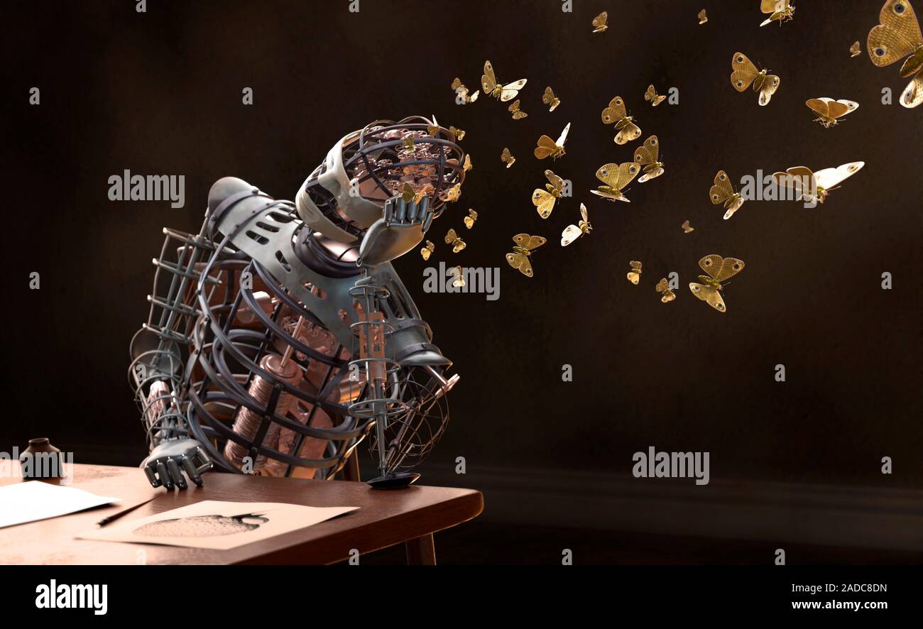 Robot dreams. Conceptual image of a mechanical figure with butterflies ...