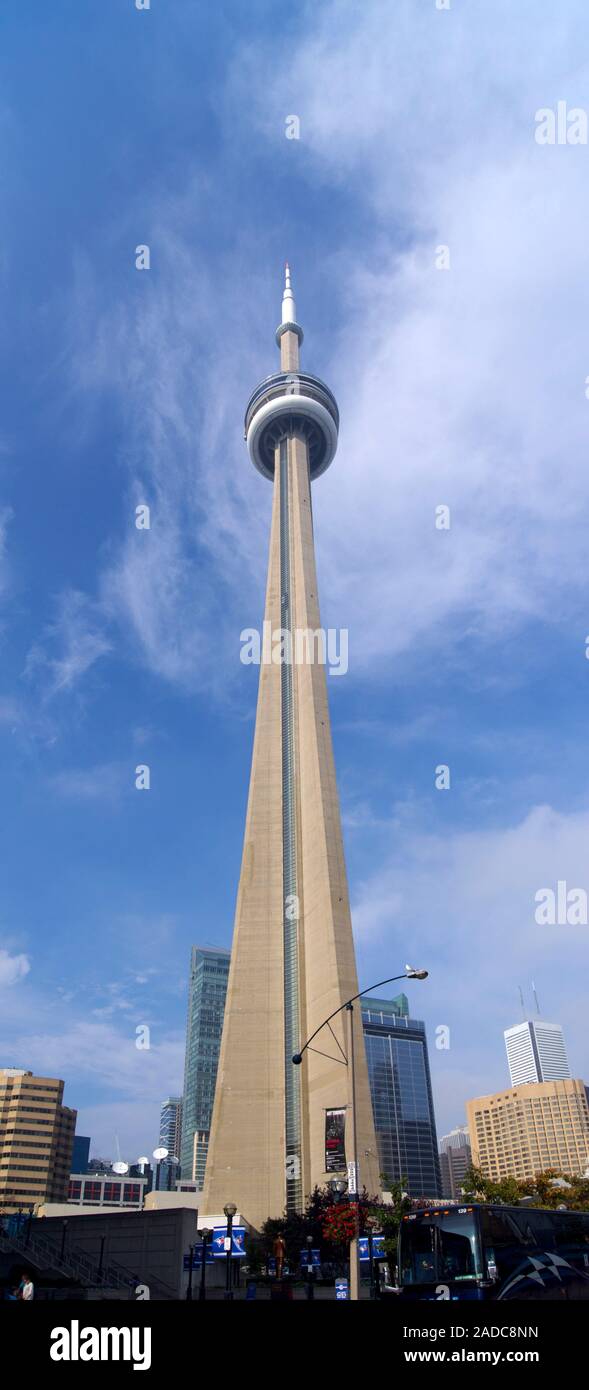 A vertical panoramic image of the CN Tower in downtown Toronto, Canada ...