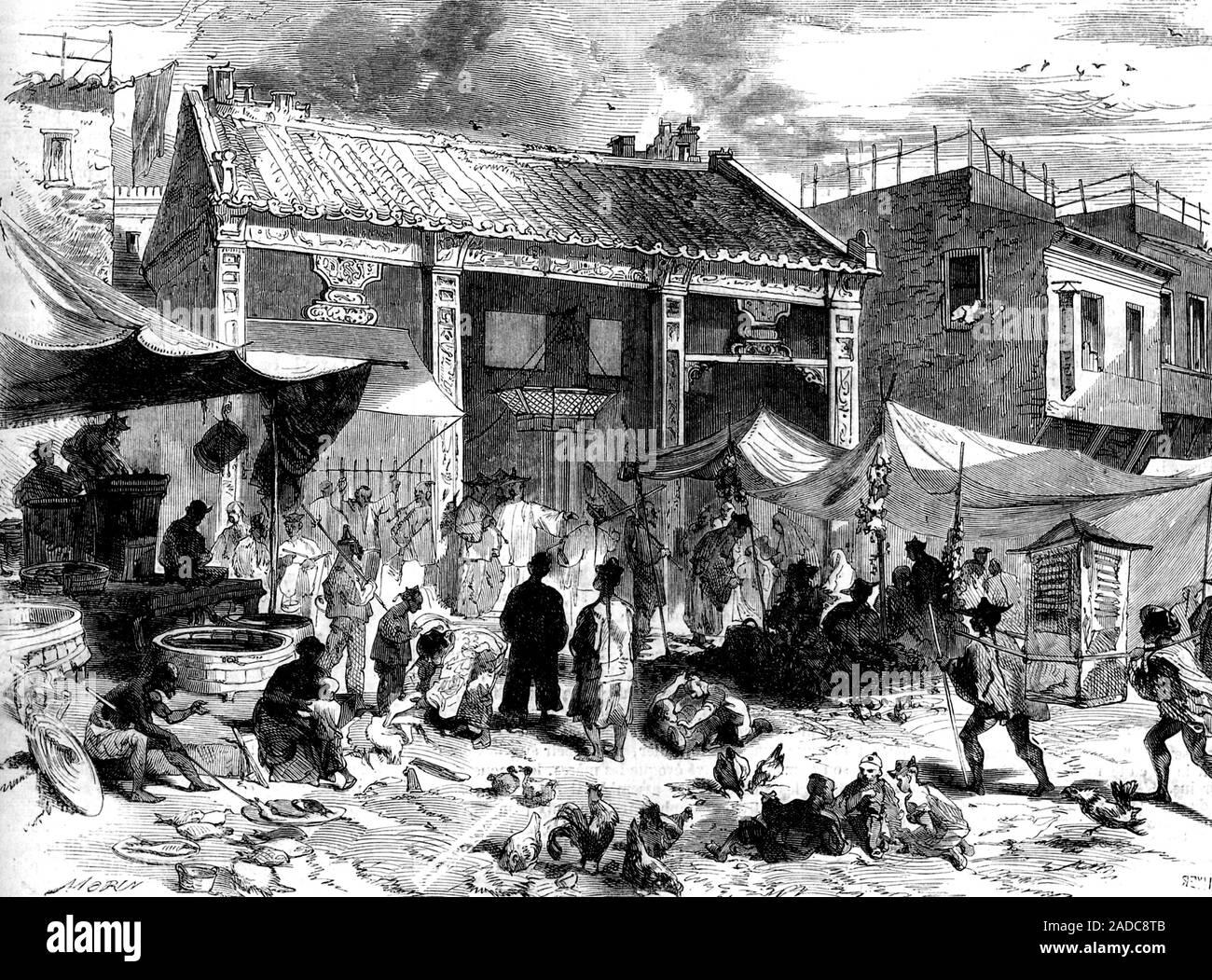 19th Century Chinese market place. 1872 illustration of a market place ...