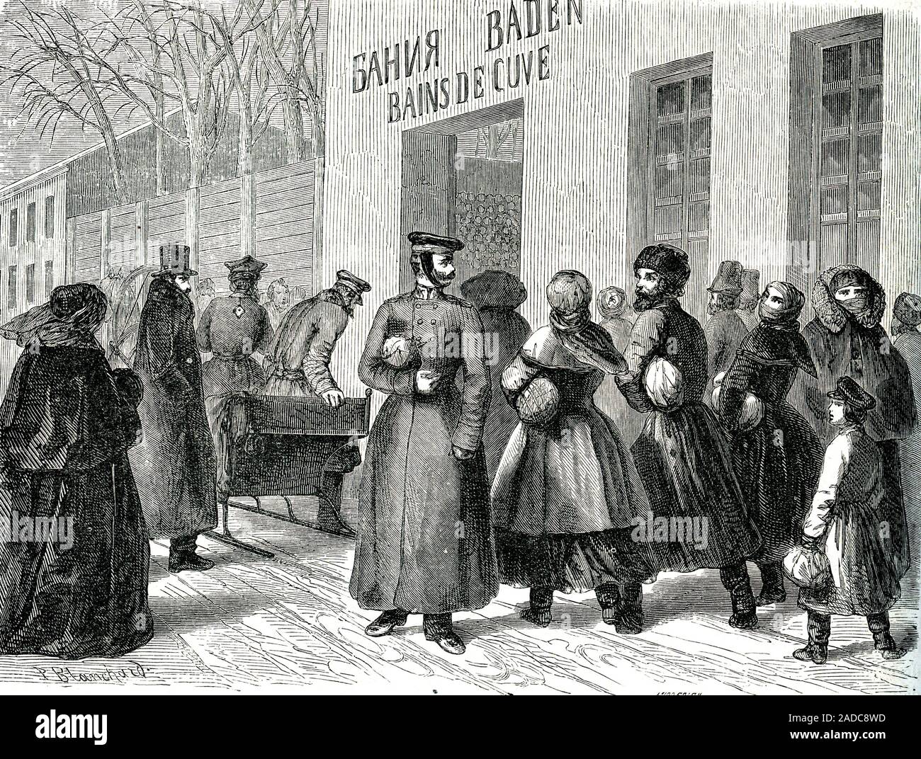 19th Century Russian bath house. 1861 illustration of people outside a ...