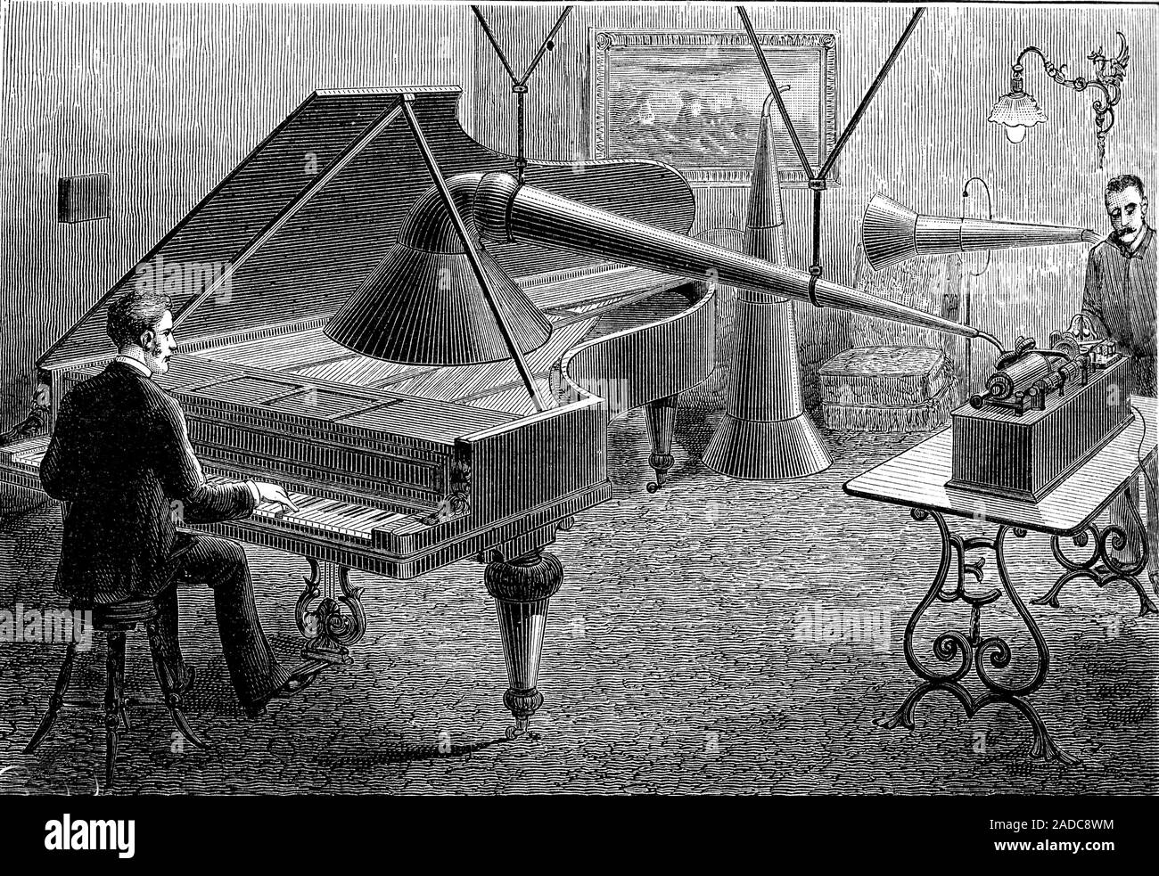 19th Century music recording. 1889 illustration of a phonograph, a type ...