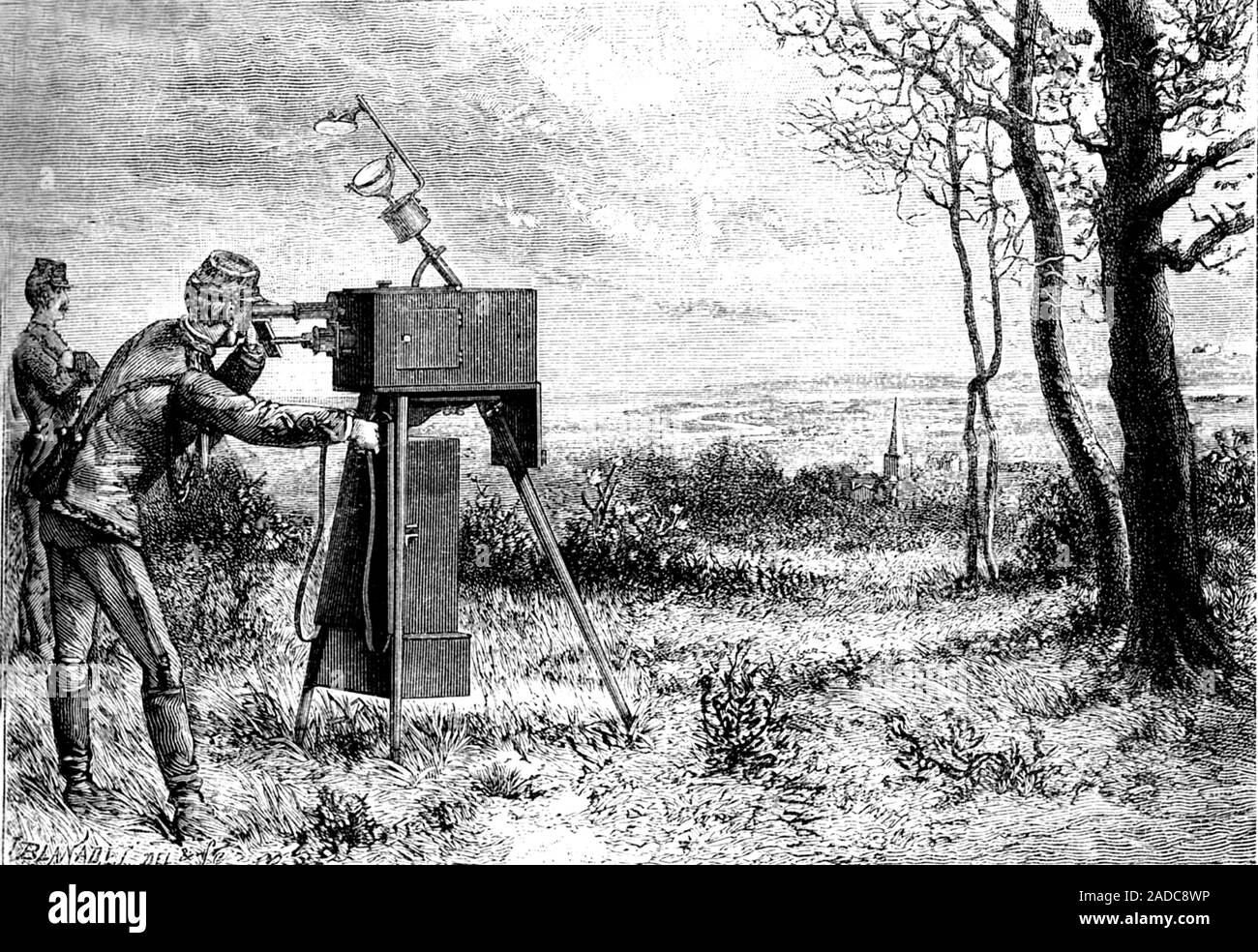 19th Century French army telegraph. 1885 illustration of French ...