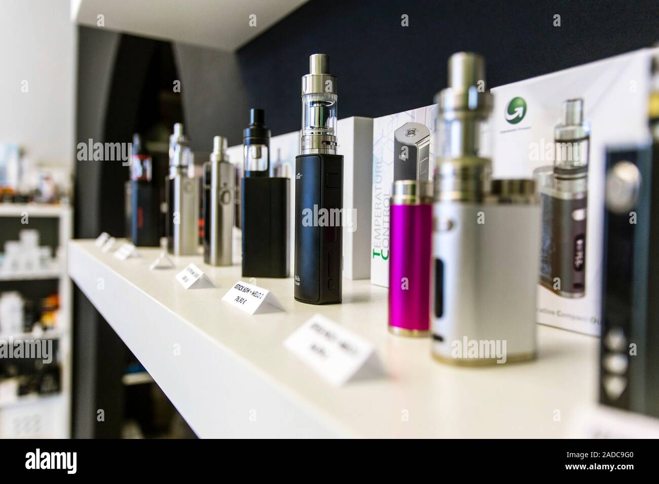E-cigarette dispensers. Photographed at the Vape in Peace (VIP) shop in ...