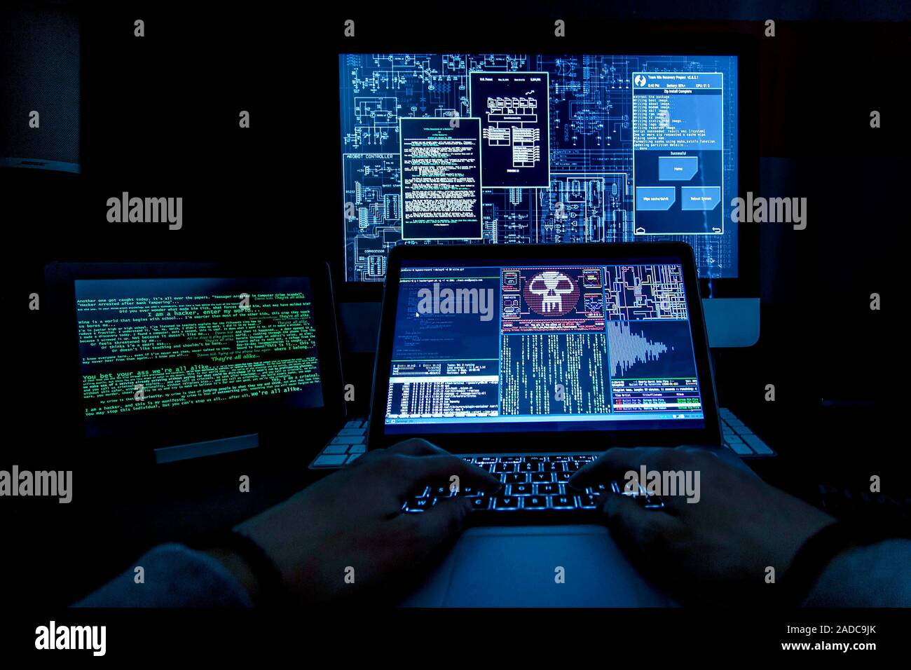 Computer hacking culture. Computer hacker typing on a laptop surrounded ...