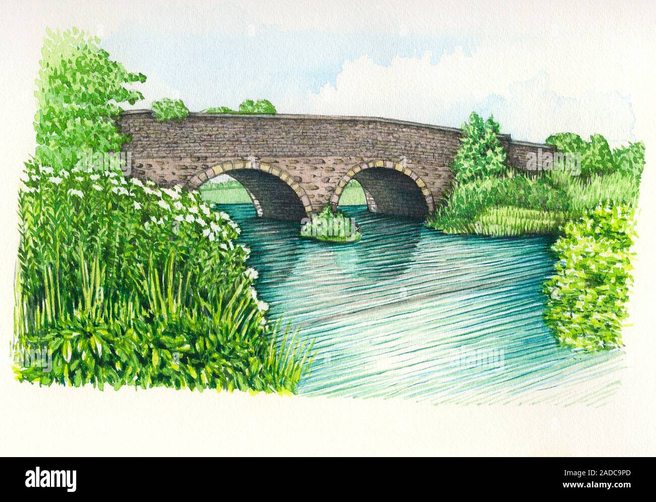 Bridge over the Evenlode river. Illustration of an arched bridge across ...