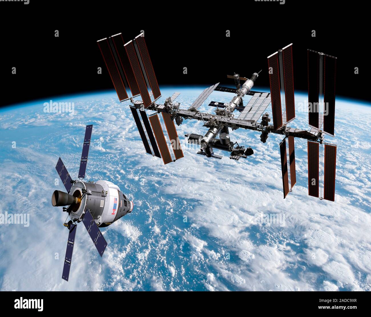 Illustration of a manned Crew Exploration Vehicle (CEV) approaching the ...