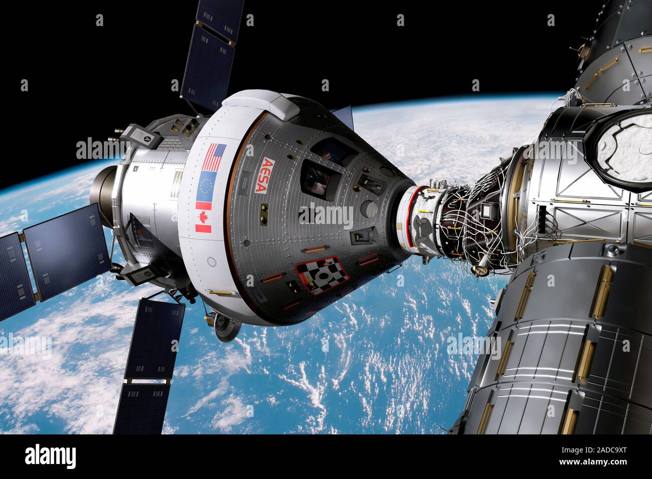 Illustration of a manned Crew Exploration Vehicle (CEV) docked with the ...