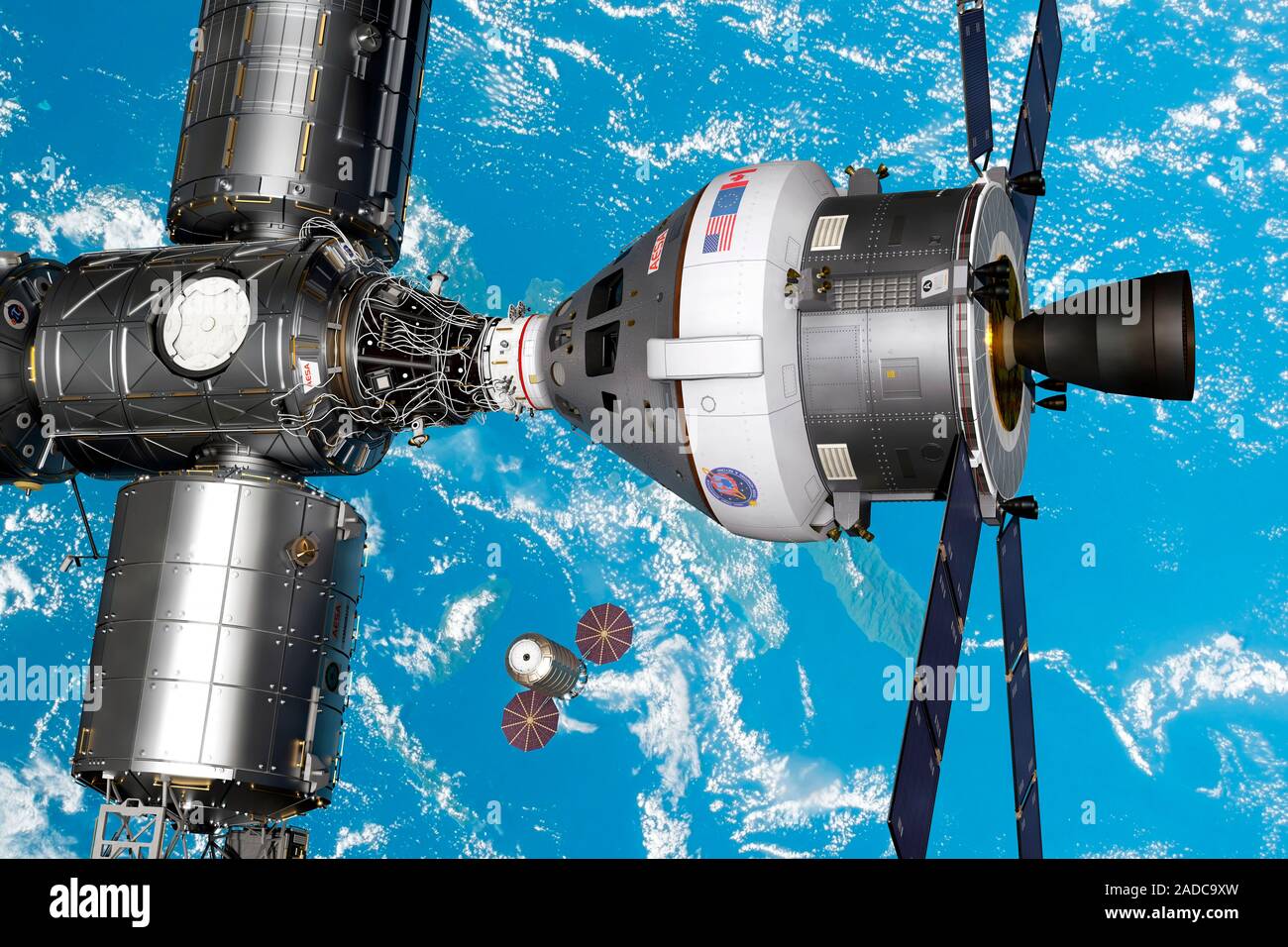 Illustration of a manned Crew Exploration Vehicle (CEV) docked with the ...