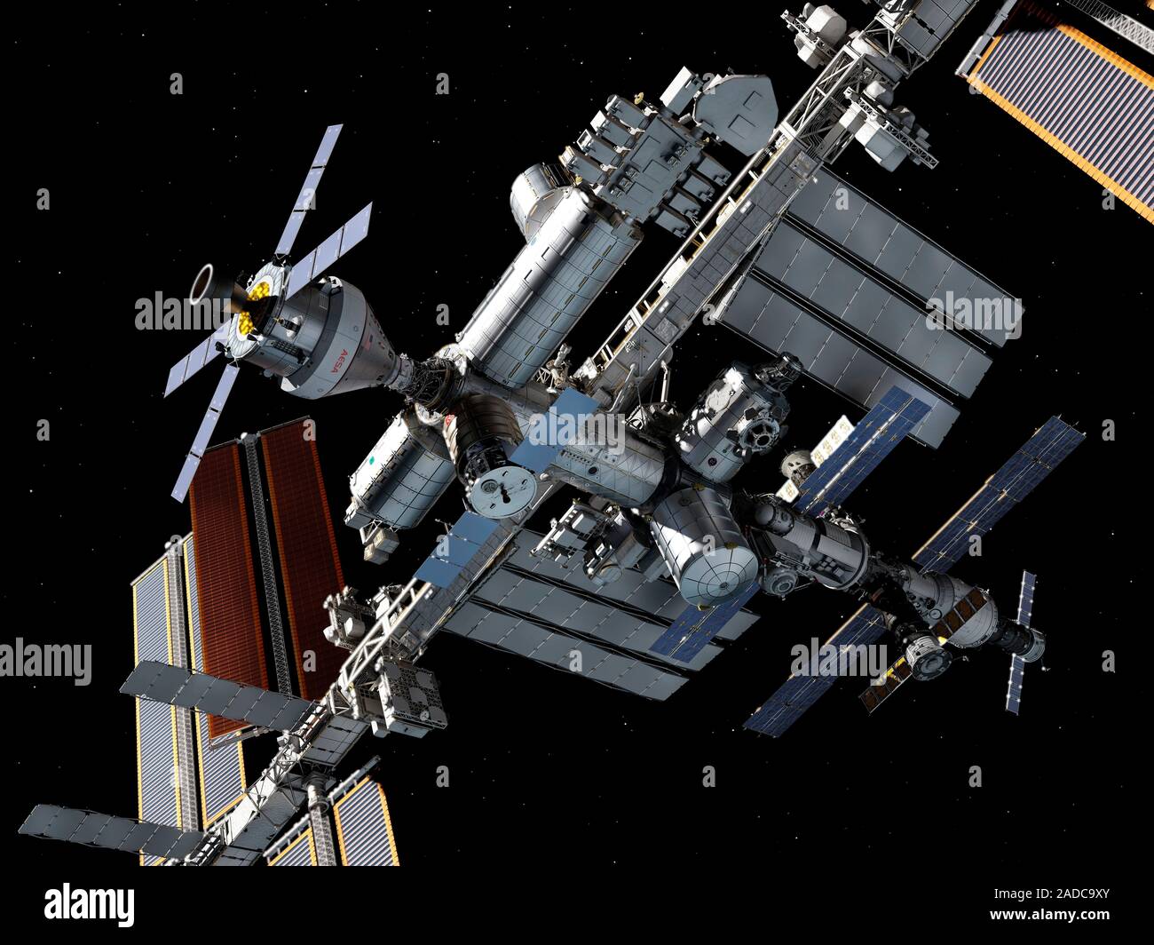 Illustration of a manned Crew Exploration Vehicle (CEV) docked with the ...